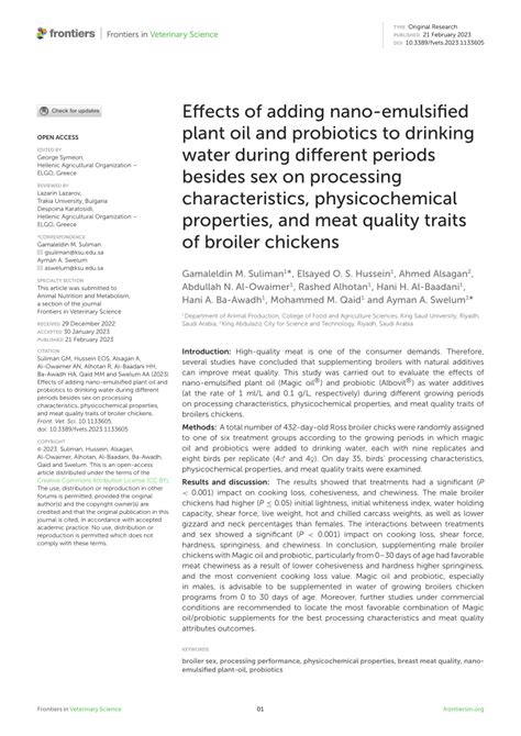 Pdf Effects Of Adding Nano Emulsified Plant Oil And Probiotics To