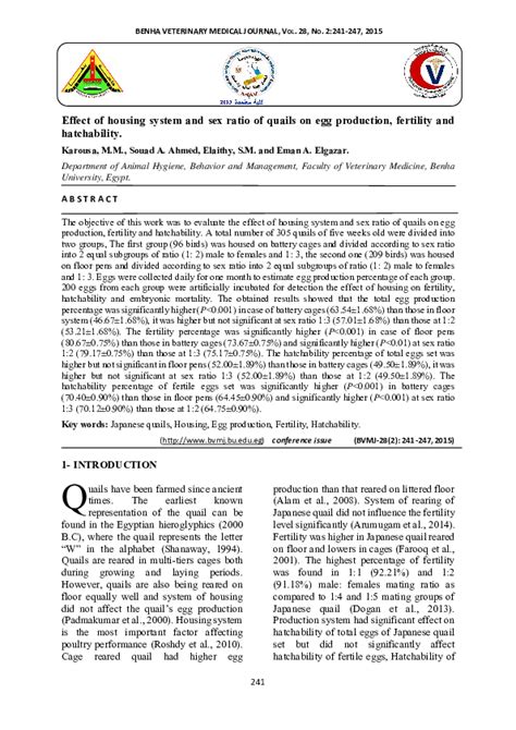 Pdf Effect Of Housing System And Sex Ratio Of Quails On Egg