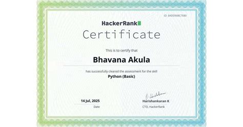 Earned Python Basic Certificate From Hackerrank Bhavana Akula