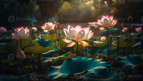 Tranquil Scene Of Lotus Water Lilies Floating On Water Reflection