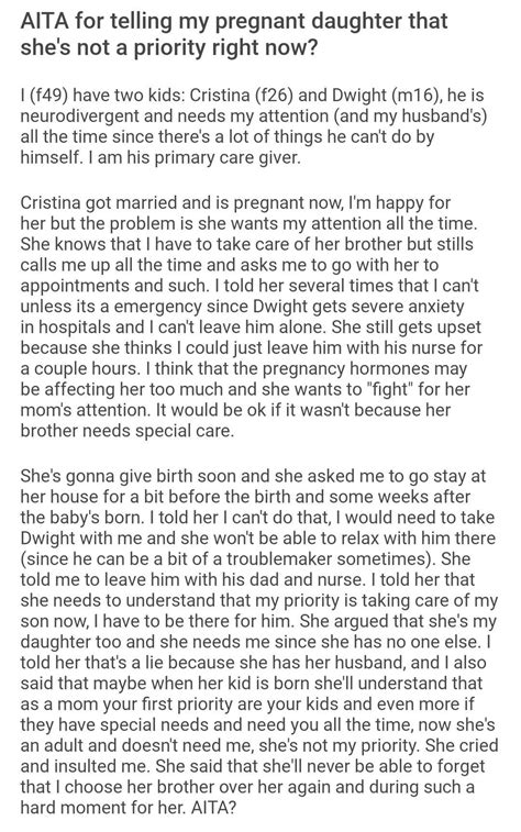 Aita For Telling My Pregnant Daughter That Shes Not A Priority Right