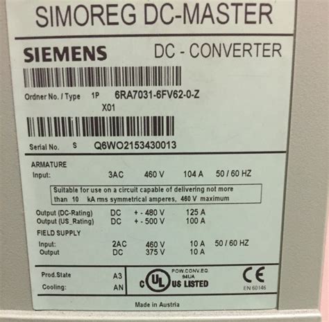 4 75hp Siemens Simoreg Variable Voltage Module 6ra7031 6fv62 O Z