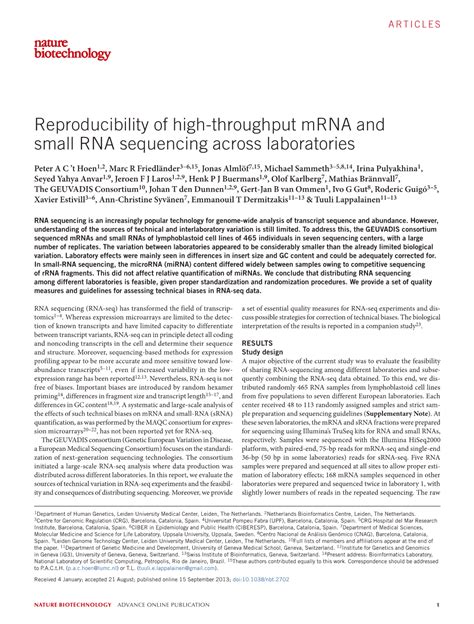 Reproducibility Of High Throughput Mrna And Small Rna Sequencing Across