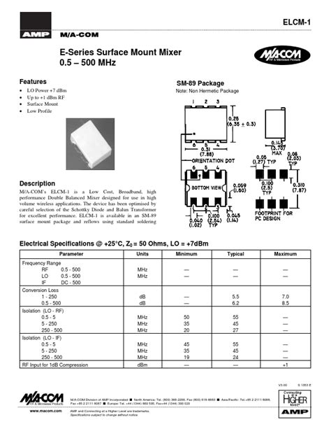 Elcm 1 Datasheet Pdf E Series Surface Mount Mixer 05 500 Mhz