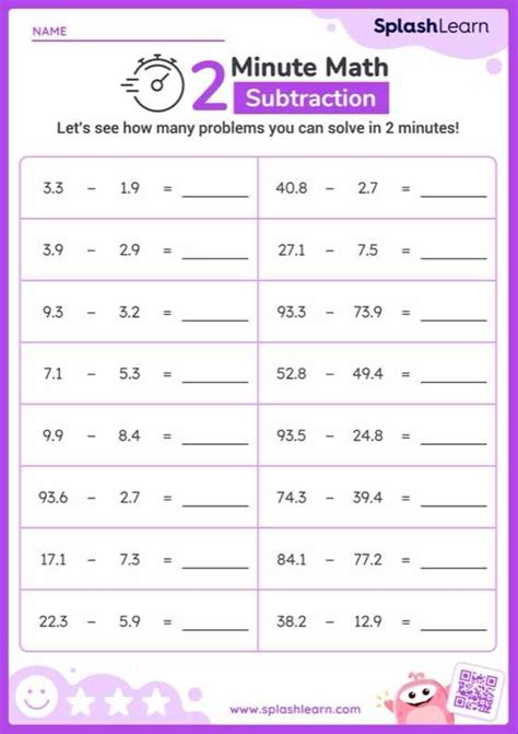 Subtract Tenths Horizontal Timed Practice Worksheet
