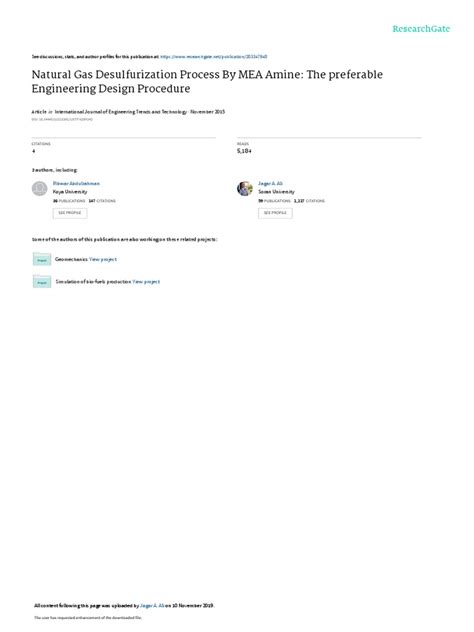 Mea Amine Process For Natural Gas Desulfurization Pdf Gases