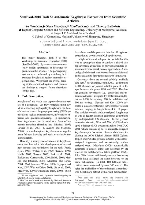 PDF SemEval Task Automatic Keyphrase Extraction From Scientific Articles