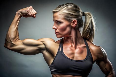 Female Athlete Flexing Arm Bicep Muscles Prominently Defined Premium