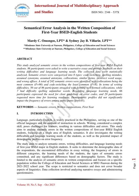 Pdf Semantical Error Analysis In The Written Composition Of First