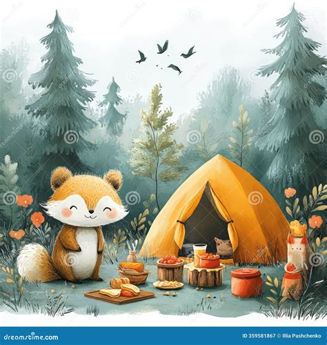 Cartoon Style Illustration Of A Campsite With A Tent Picnic Setup And