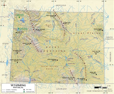 Wyoming Physical Map Showing Geographical Physical Features With