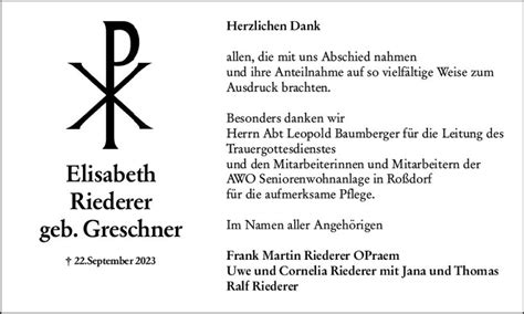 Traueranzeigen Von Elisabeth Riederer Vrm Trauer De