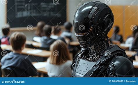 Future Education A Modern Cyborg Teaching At The Blackboard Stock