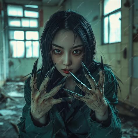 A Young Woman With Long Black Hair And Sharp Claws Stares Intensely At The Camera Premium Ai