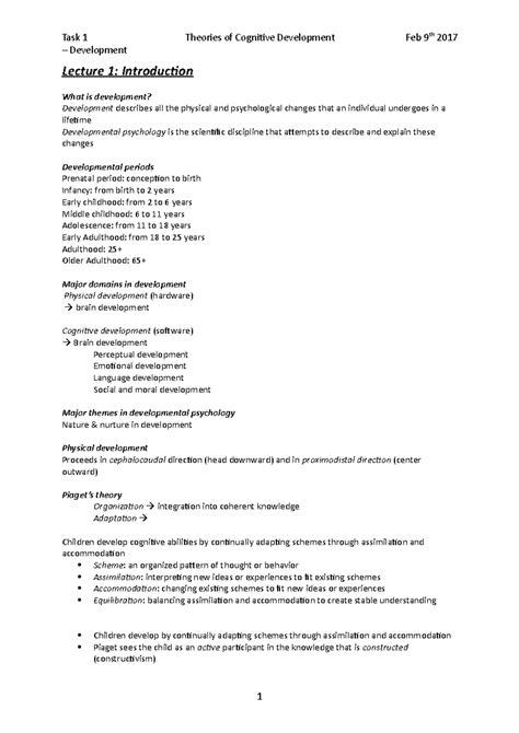 Task 1 Developmental Theories Development Lecture 1 Introduction