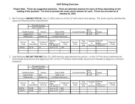 Ohip Billing Exercises And Suggested Solutions For Health Services
