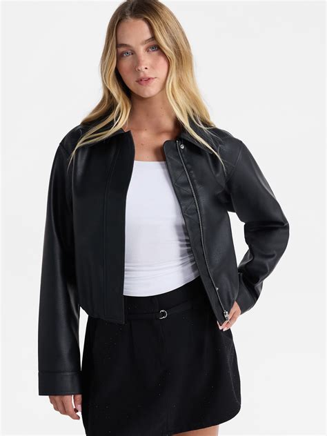 No Boundaries Bubble Hem Faux Leather Bomber Jacket Womens