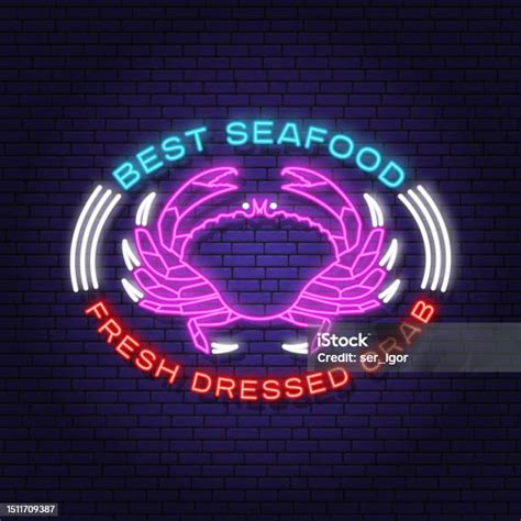 최고의 해산물 갓 차려입은 게 네온사인 벡터 그림입니다 해산물 엠블럼 간판 패치 셔츠 메뉴 레스토랑 수산 시장 상점 네온사인 밝은 간판 라이트 배너 갈고리 발톱에 대한 스톡