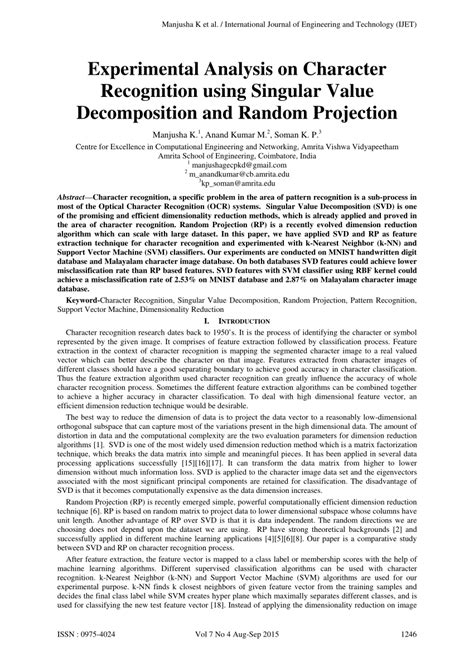 Pdf Experimental Analysis On Character Recognition Using Singular