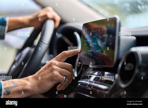 Man Traveler Sitting In Car Using Gps Navigation On Monitor While Driving Stock Photo Alamy