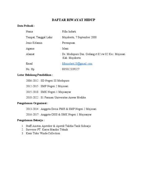 Surat Lamaran Cv Rs Sidowaras Fifin Indarti Pdf