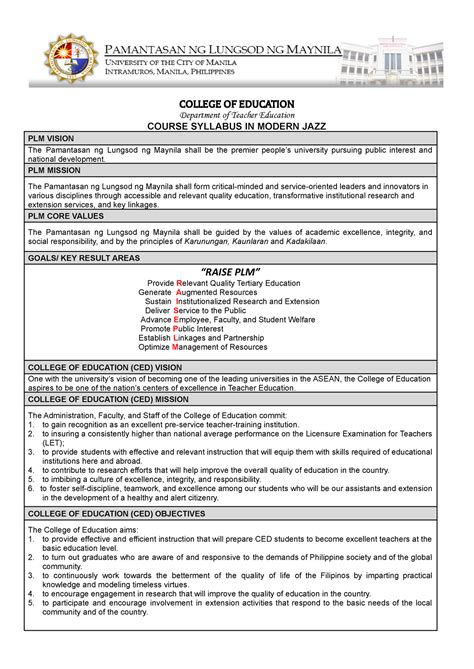 Plm Course Syllabus Moder Jazz College Of Education Department Of