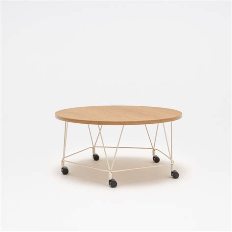 Table Basse Ronde à Roulettes En Chêne Et Acier