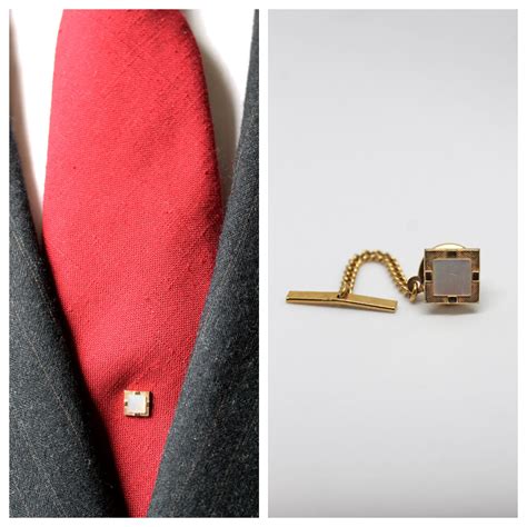 Vintage Goldtone Mother Of Pearl Square Tie Tack Pin Tie Accessories