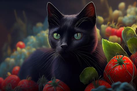 Premium Photo Cute Black Cat In The Berry Patch Generative Ai