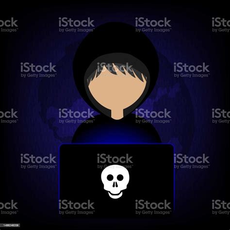 Cybercriminal Hacker With Laptop Stealing Personal Data Of User Vector