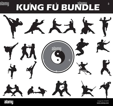 Kung Fu Silhouette Bundle | Collection of Kung Fu Players with Logo and Kung Fu Equipment Stock ...