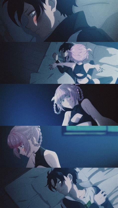 Two Anime Characters Laying In Bed With Their Hands On Each Others Chests