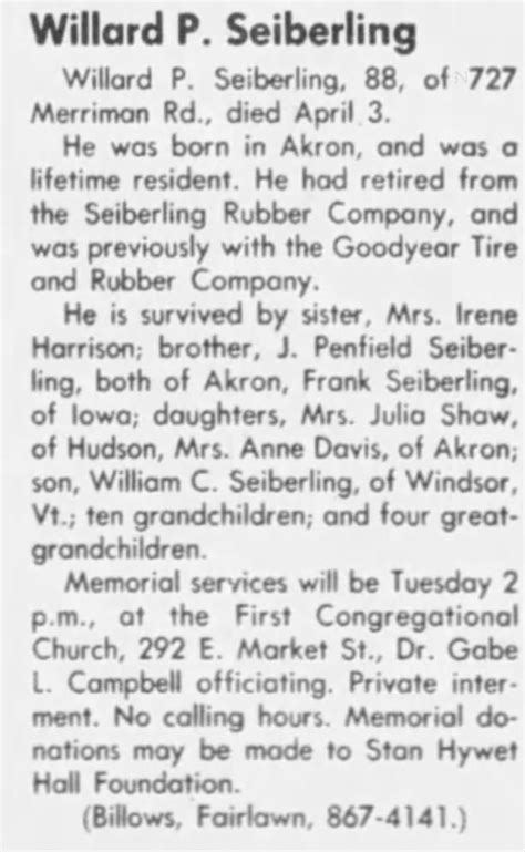 Obituary For Willard P Seiberling ™
