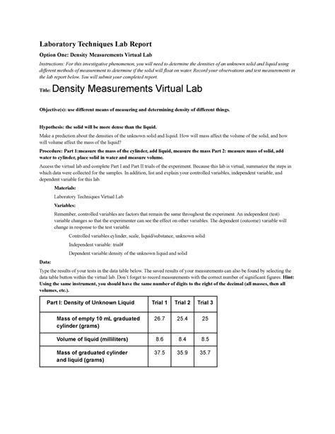 0107 Laboratory Techniques Laboratory Techniques Lab Report Option