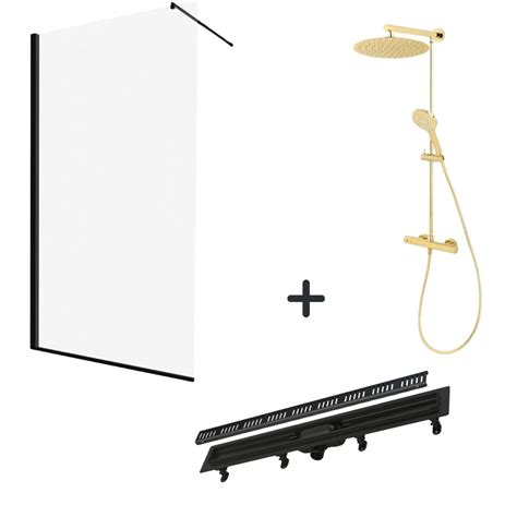 Set Paravan Dus Walk In 90x200 Cm Rigola Si Coloana De Dus Cu Baterie Termostatata Aurie Anima