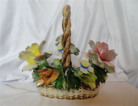 Vintage Capodimonte Large Flower Basket Italian Pink Yellow Blue