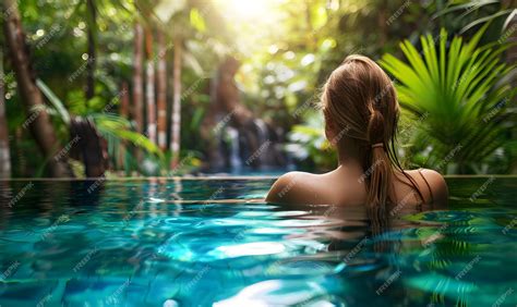 Premium Photo Woman In A Tropical Jungle Swimming Pool