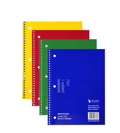 Valor Products 70 Count Wide Ruled 1 Subject Spiral Notebooks