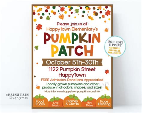 Pumpkin Patch Flyer Template Editable Fall Harvest Festival Invitation Rainy Lain Designs Llc