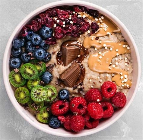 Oatmeal Bowl With Fresh Fruit And Peanut Butter Colorful Breakfast