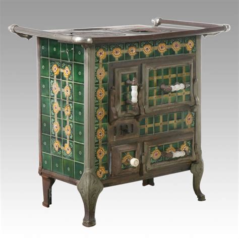 European Art Nouveau Style Cast Metal Stove With Majolica Tiles Ebth
