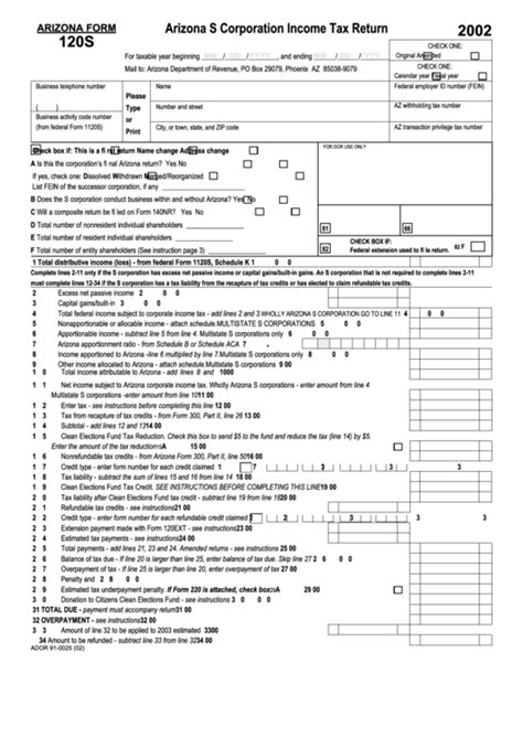 Arizona Form 120s Arizona S Corporation Income Tax Return 2002