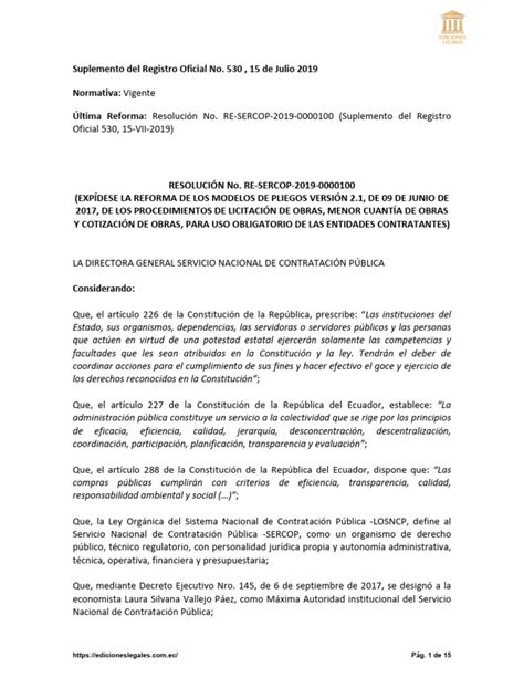 Resolucion Sercop 2019 0000100 Pdf Administración Pública Justicia