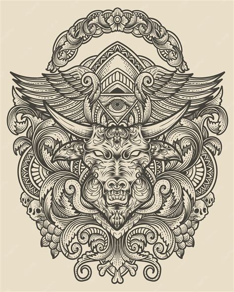 Cabeza De Toro Con Adorno Grabado Antiguo Vector Premium
