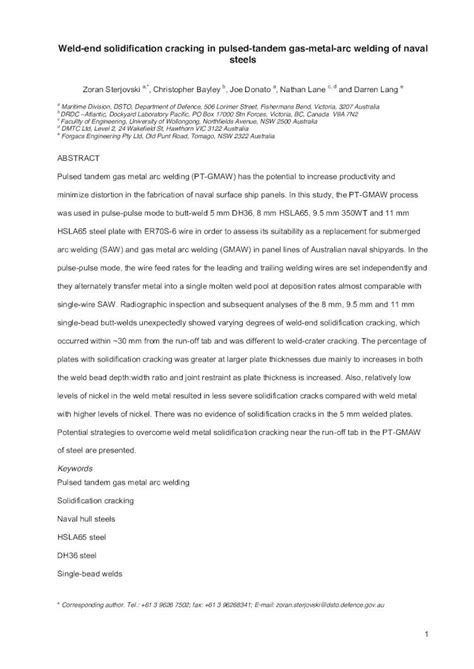 Pdf Weld End Solidification Cracking In Pulsed Tandem Gas Metal