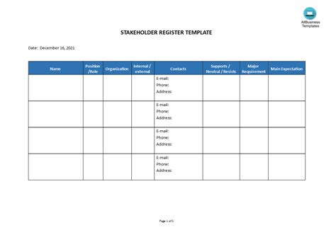 Stakeholder Register Template