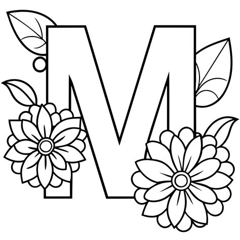 Alphabet M Coloring Page With The Flower M Letter Digital Outline