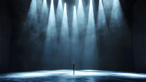 A Single Figure Stands In A Spotlight Within A Dark Room Premium Ai
