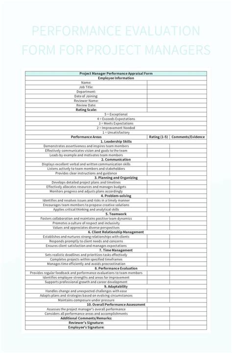 Performance Evaluation Form For Project Managers Excel Template And