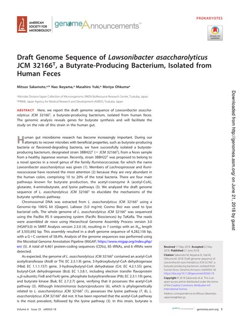 Pdf Draft Genome Sequence Of Lawsonibacter Asaccharolyticus Jcm 32166 T A Butyrate Producing